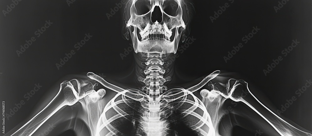This X-ray shows a detailed view of a human skeleton from the nose down ...