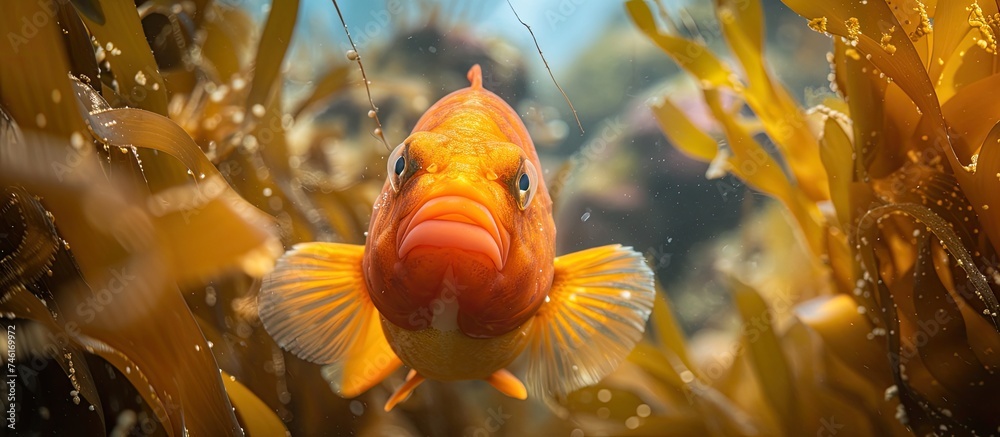 This close-up shot captures a vibrant Garibaldi fish swimming in its ...
