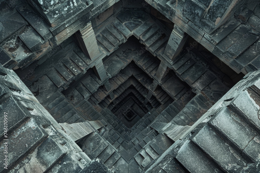 Abstract view of a symmetrical, geometric stone structure, creating an ...