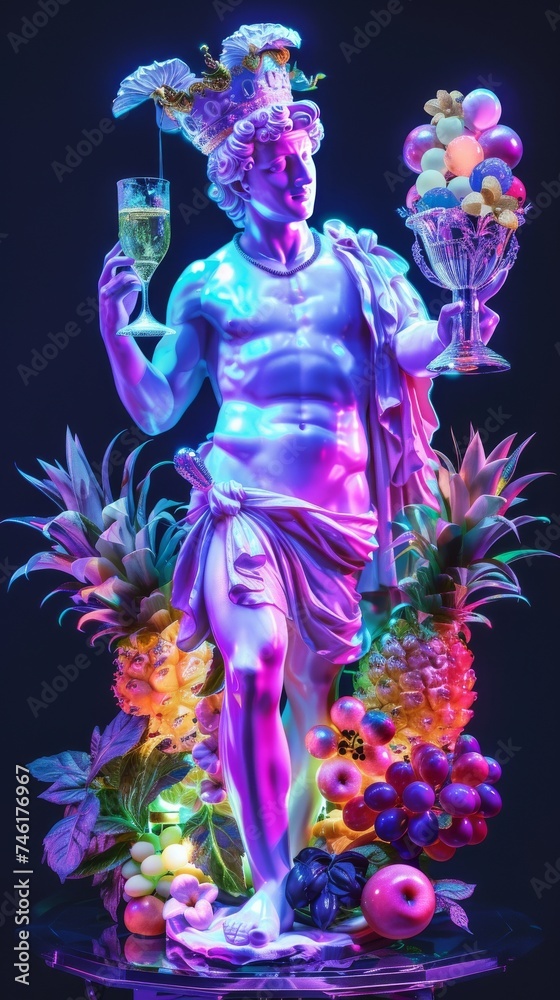 Depict the Roman god Bacchus the god of wine and revelry immersed in a ...