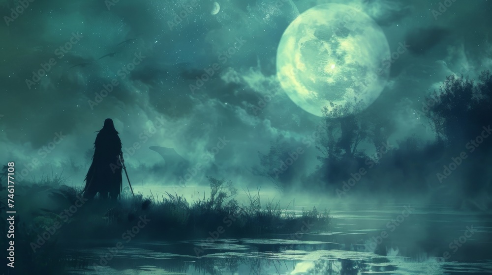 Hydras lurking in a swamp a hero preparing for battle under a full moon ...