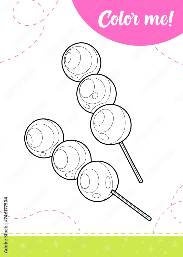 Coloring page for kids with Japanese traditional dessert Hanami Dango ...