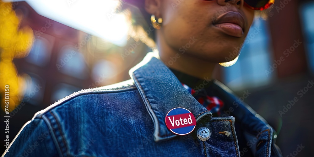 Citizen wearing "I voted" pin with American flag design for voting in ...