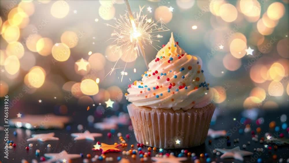 birthday cupcake sparkler light burn with blurred background. dessert ...