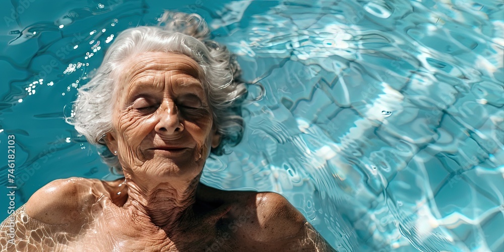 Older woman floating in the swimming pool sunbathing in the afternoon ...