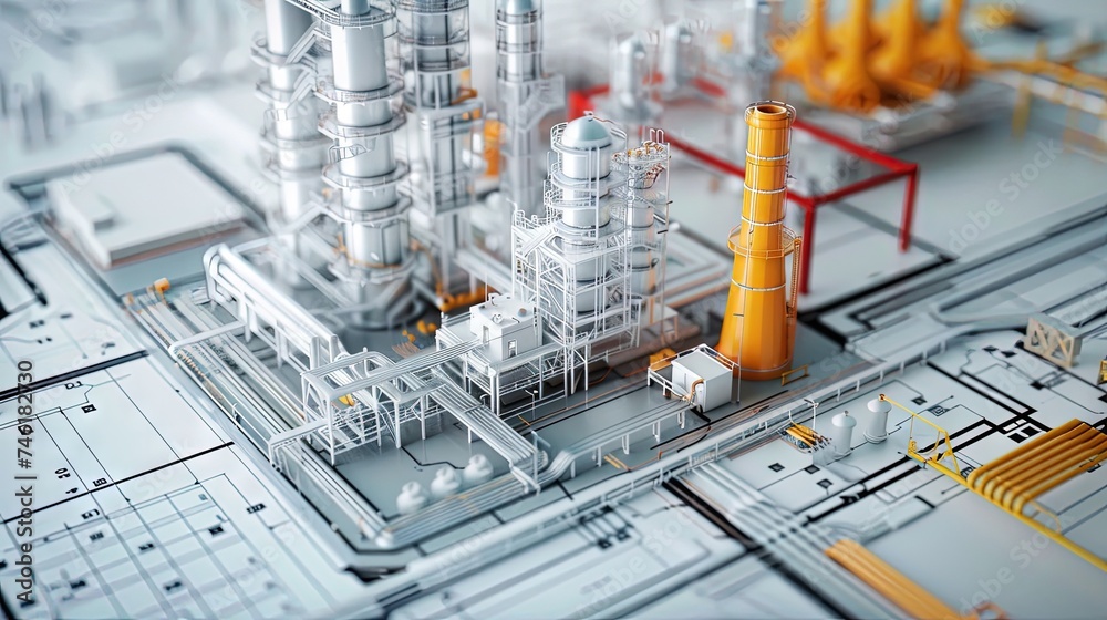 Manufacturing factory 3D model on top of architectural blueprints Stock ...