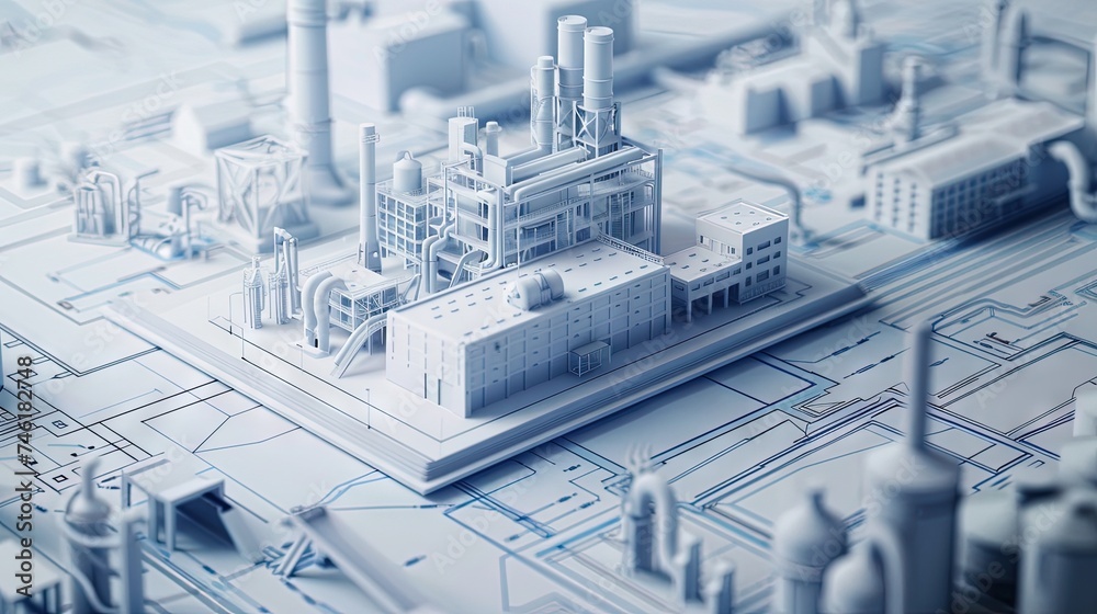 Manufacturing factory 3D model on top of architectural blueprints Stock ...