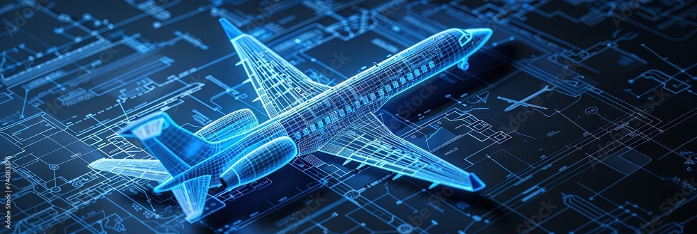 Airplane 3D model made of digital data with engineering schematics and ...