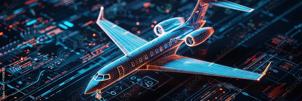 Airplane 3D model made of digital data with engineering schematics and ...