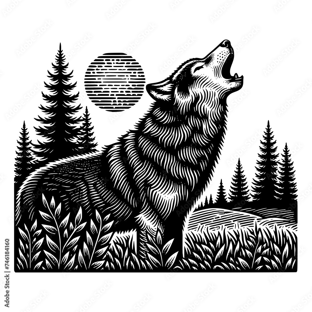wolf in wilderness howling pose with background moon and forest scene ...