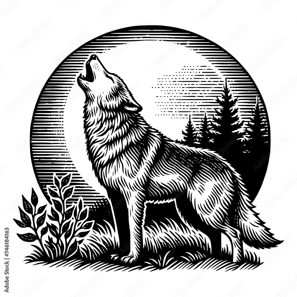 wolf in wilderness howling pose with background moon and forest scene ...