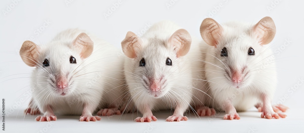 Three mice of various colors are seated closely together on a white ...