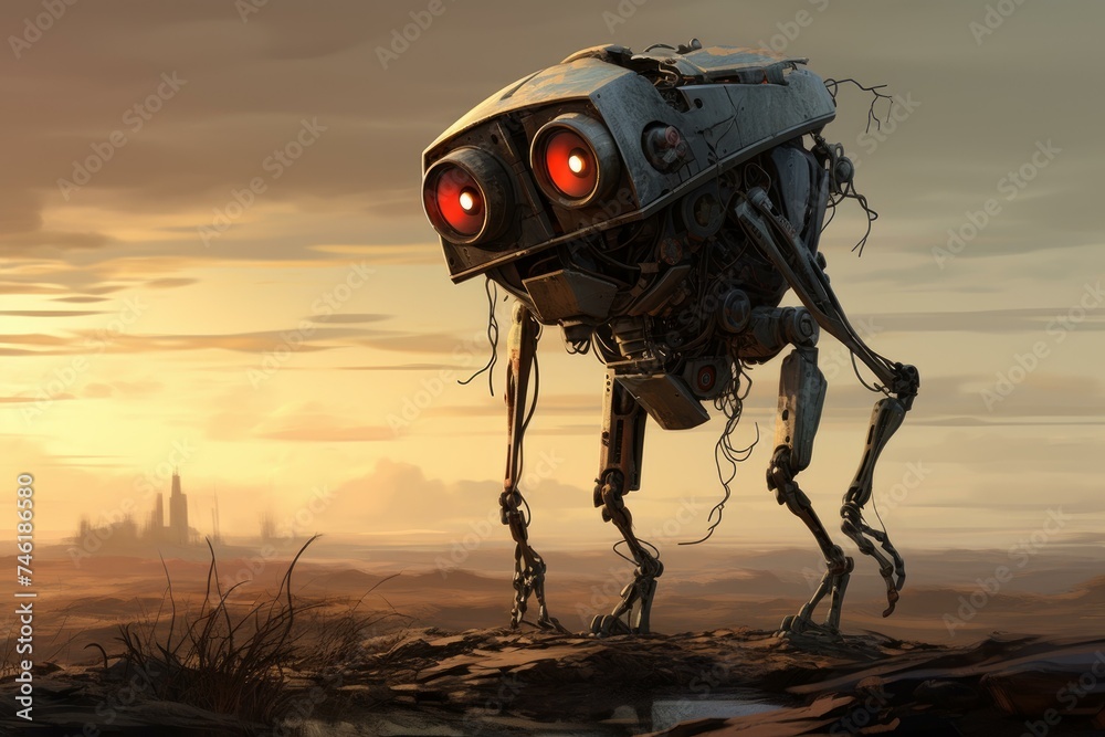 Impaired Robot artist with damaged head. White robotic humanoid with ...