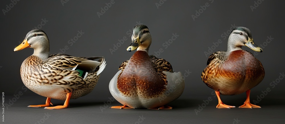 Three Khaki Campbell ducks are standing next to each other in a group ...