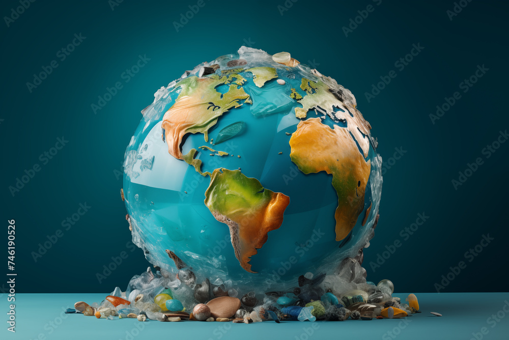 Globe made of plastic waste. Earth day poster, ocean plastics pollution ...