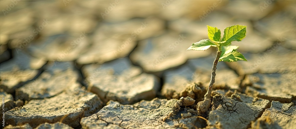 A small green plant defies the dry conditions and emerges from the ...