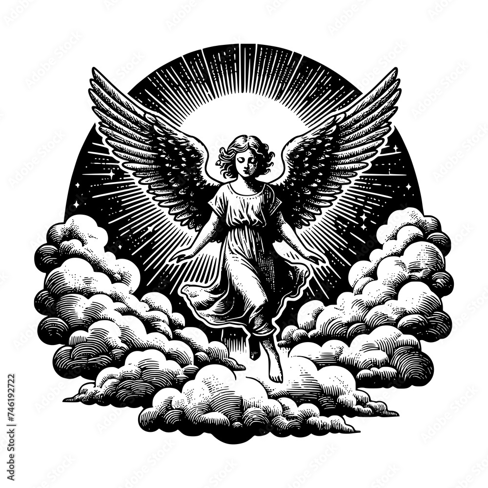 angel flying floating in cloud sky and light star hand drawn art style ...
