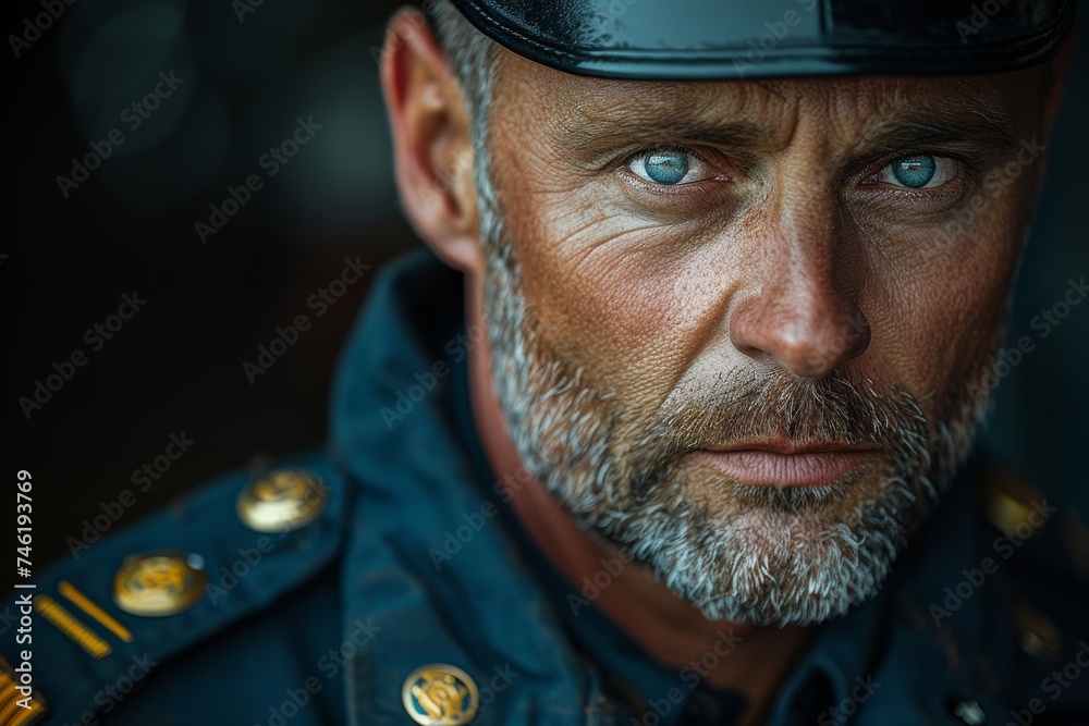 the arresting stare of a figure in police uniform, his visage eerily ...