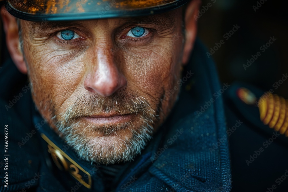 the arresting stare of a figure in police uniform, his visage eerily ...