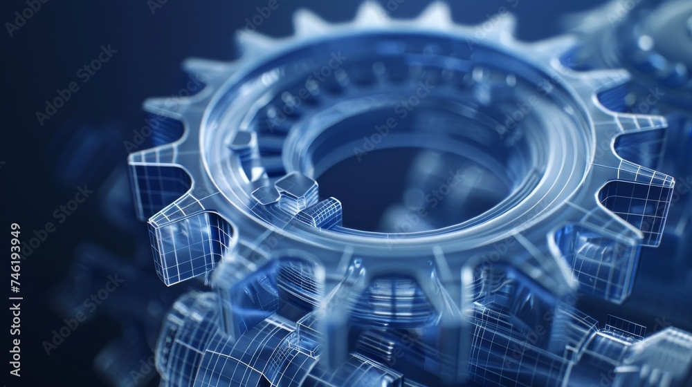3D wireframe illustration of a gear on a dark blue background ...