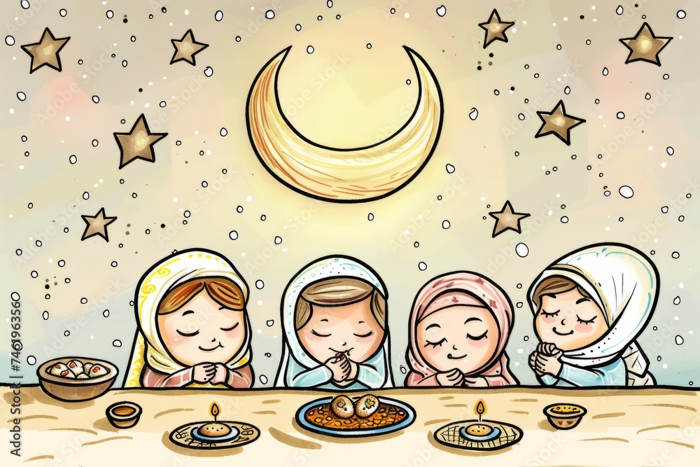 Cartoon cute doodles of characters waking up for suhoor before dawn and ...