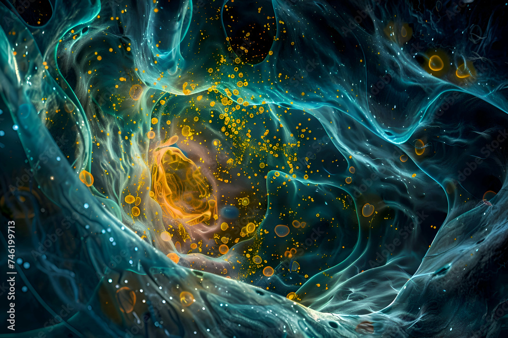 Illustration of a close-up view inside a human cell showcasing the ...