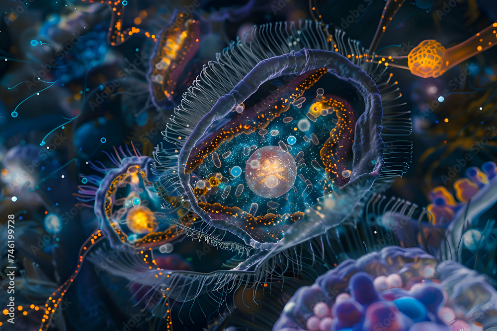 Illustration of a close-up view inside a human cell showcasing the ...