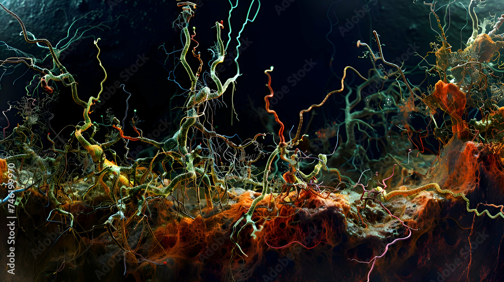 Illustration of inside a neuron with long stretching dendrites and a ...