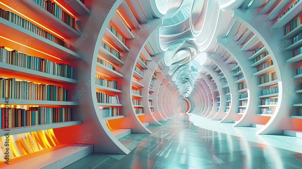 An abstract 3D visualization of a futuristic library with floating ...