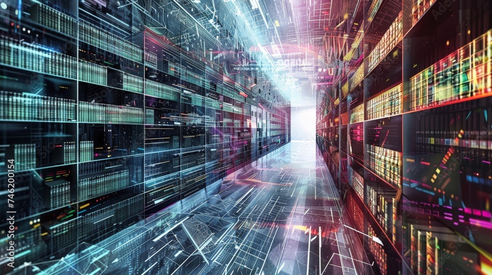 An abstract 3D visualization of a futuristic library with floating ...