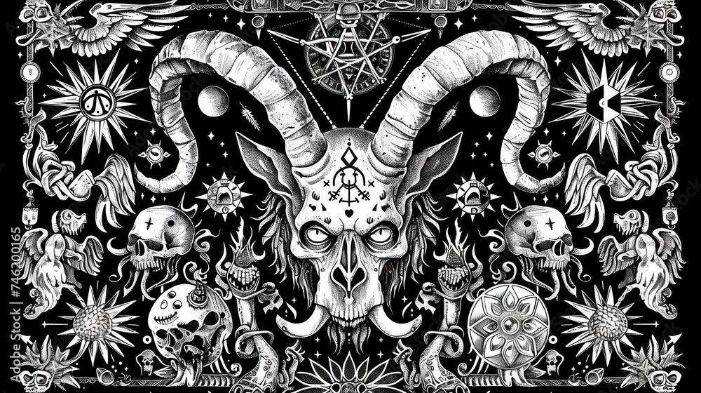 Detailed artwork of baphomet surrounded by enigmatic symbols and ...