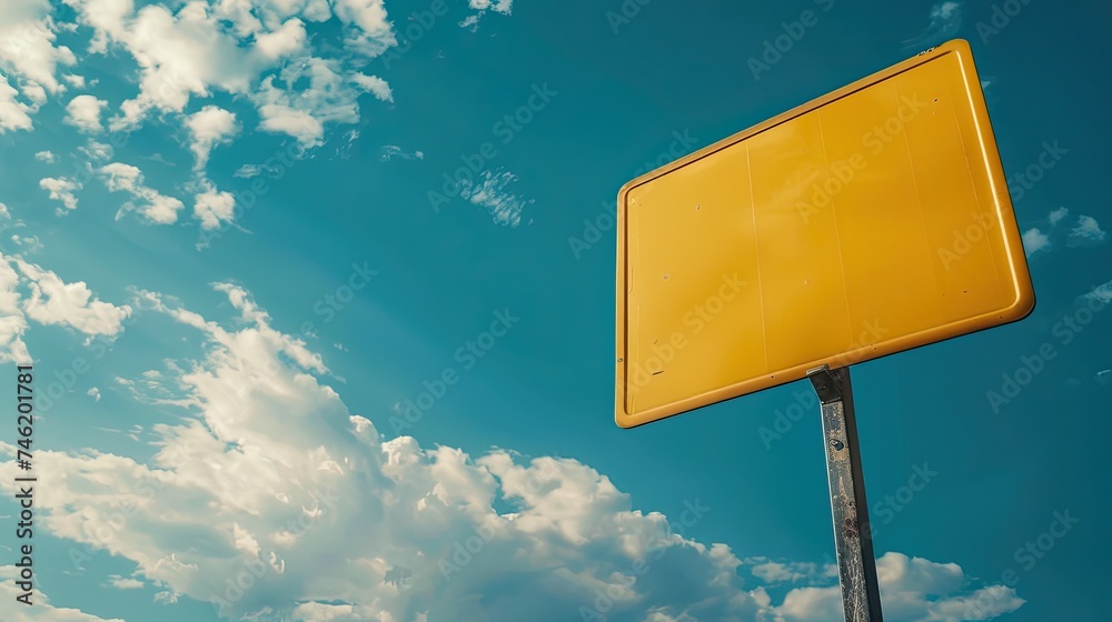 Blank yellow square sign on blue sky background. You can put your text ...