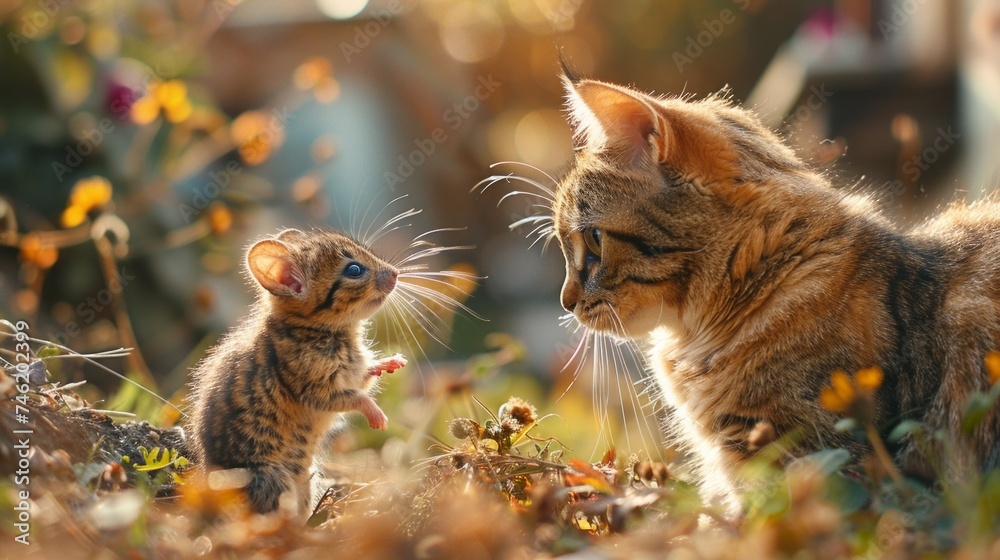 cat and gerbil mouse face-off, light-hearted play, tabletop scene ...