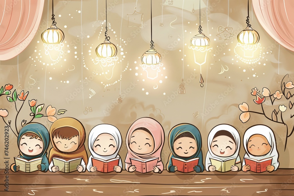 Cartoon cute doodles of characters attending Ramadan lectures and ...
