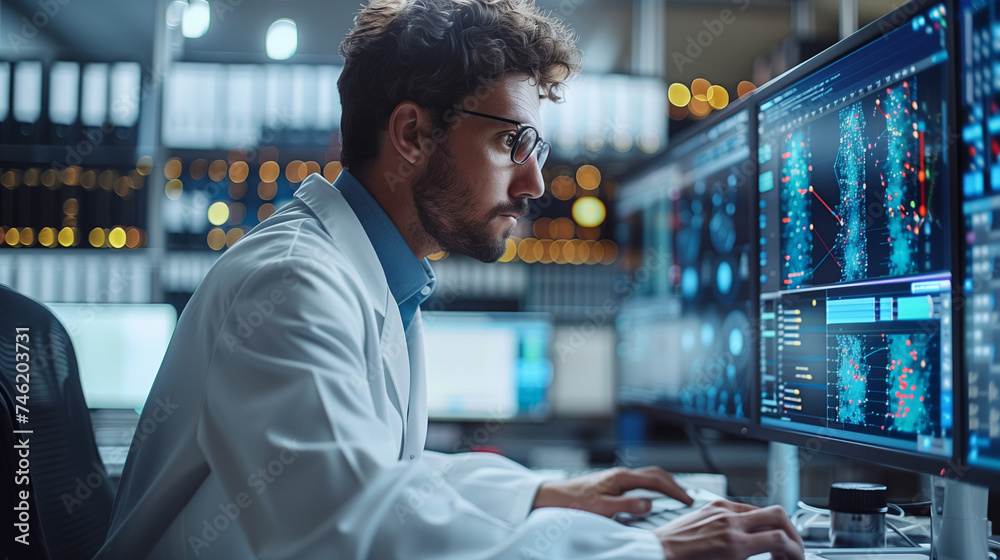 Data science and big data technology. Male Scientists compute, analyze, and visualize complex ...