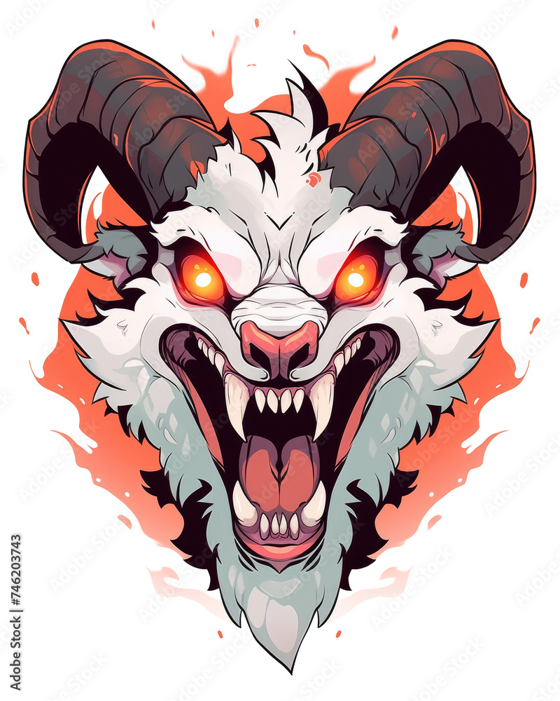 T-shirt design, angry horned goat monster face character isolated on ...