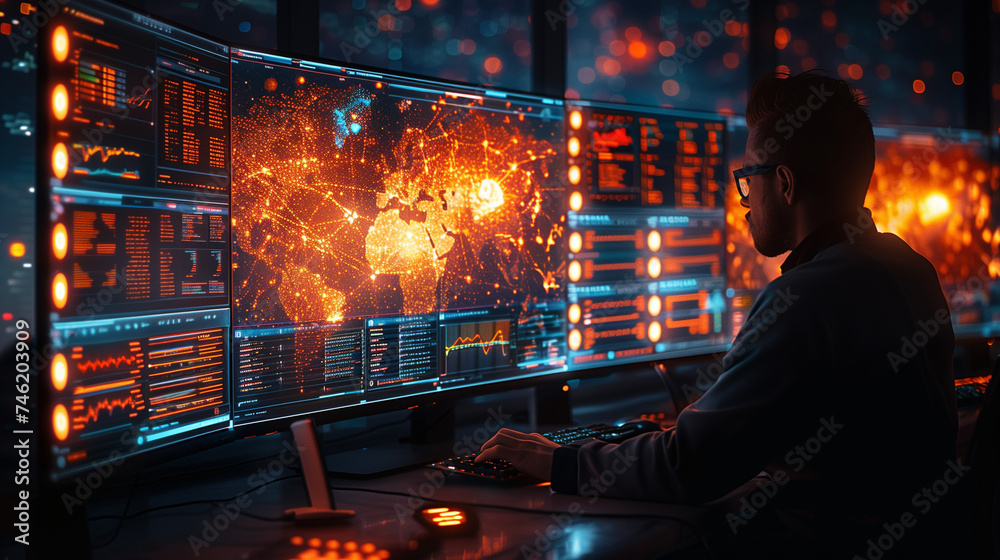 Data science and big data technology. male Scientists compute, analyze, and visualize complex ...