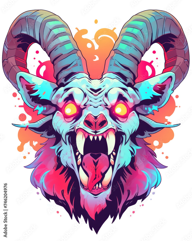 T-shirt design, angry horned goat monster face character isolated on ...