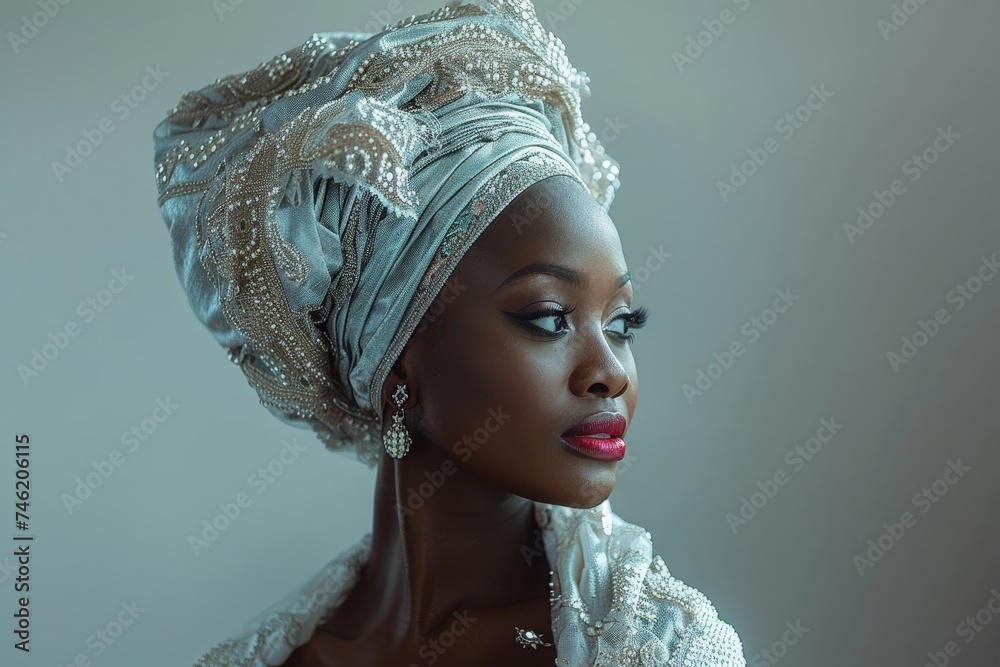 A woman in an elaborate Nigerian gele and traditional attire poses in a ...