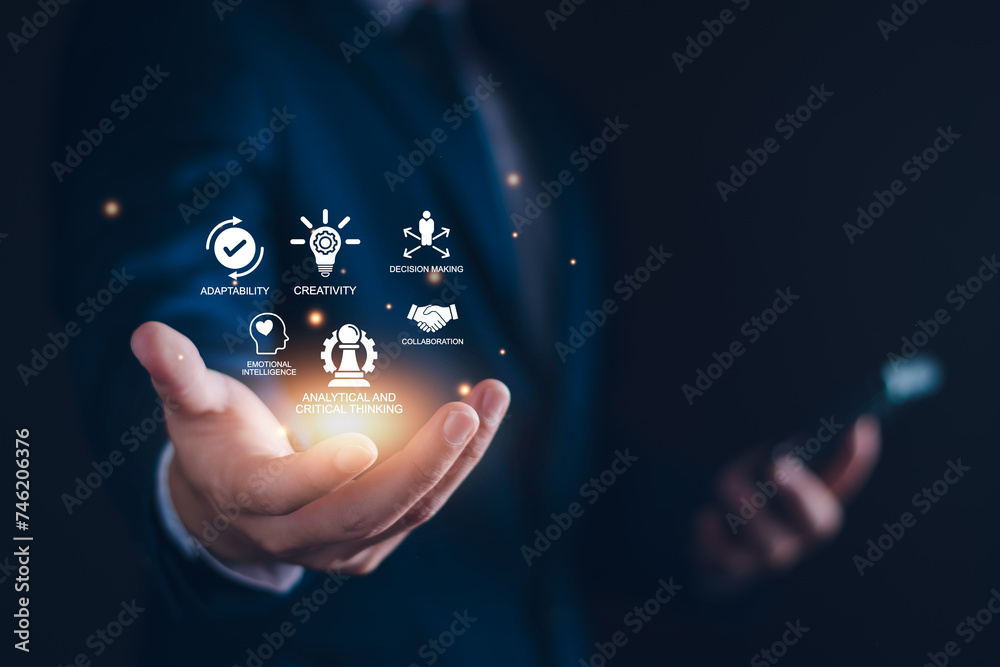 Soft skills HR concept. Business man with icons of soft skills ...