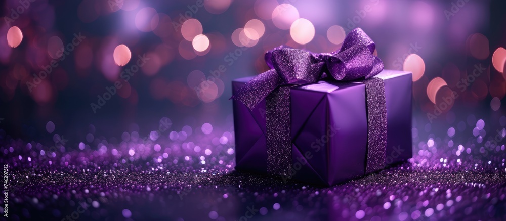 This photo showcases a vibrant violet gift box with a matching purple ...