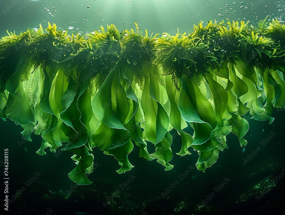 Generative AI : green seaweed ulva lactuca algae swing underwater with ...