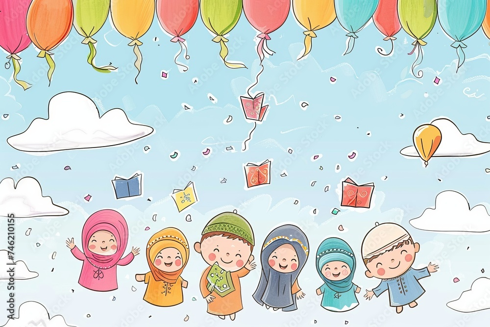 Cartoon cute doodles of characters sending cheerful Eid cards and ...