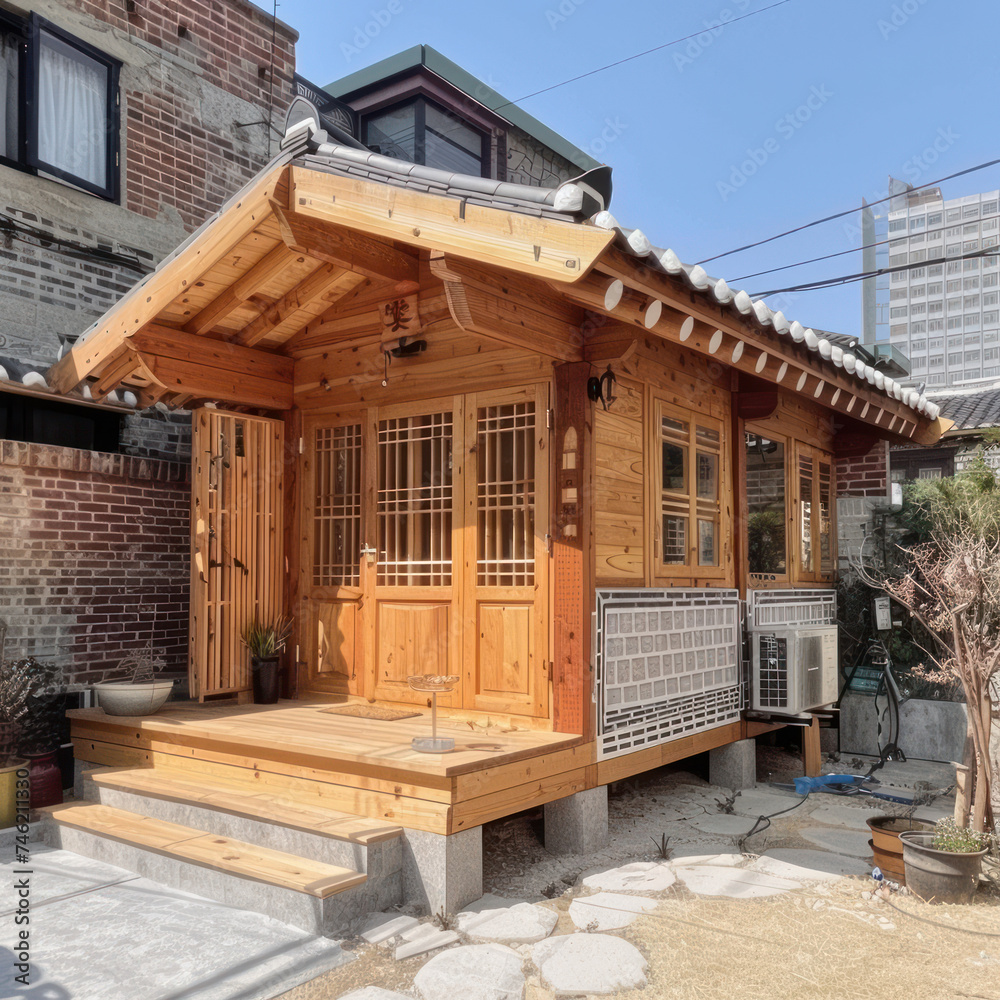 Tiny one floor timber frame house with single front doors and terrace ...