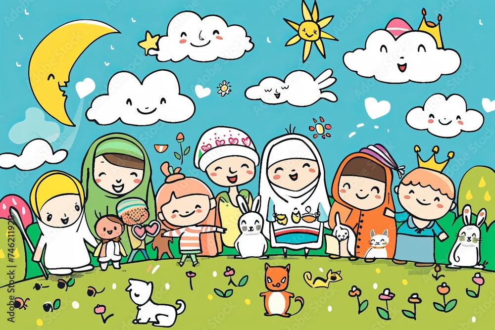 Cartoon cute doodles of characters performing acts of kindness and ...