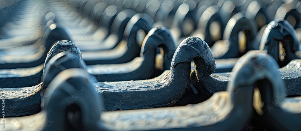 This close-up shot showcases a cluster of interlocked metal links ...