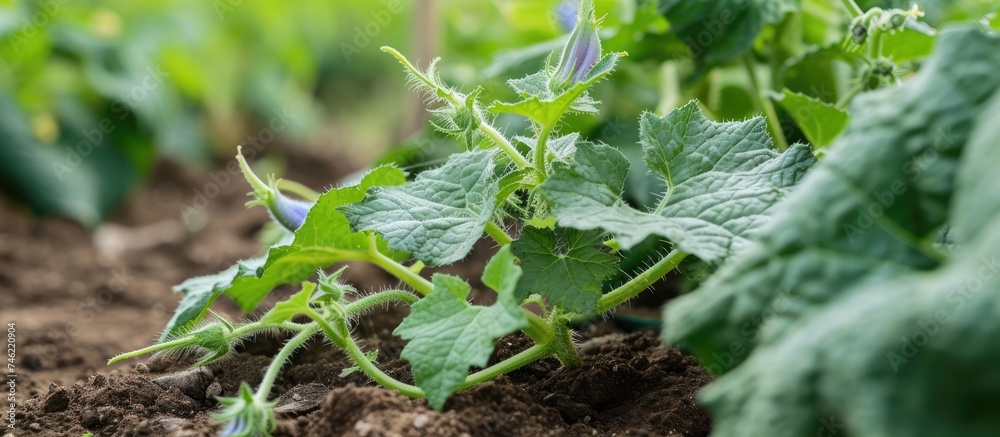 A detailed view of a small cucumber plant with narrow light purple to ...