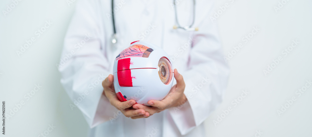 Doctor with human Eye anatomy model with magnifying glass. Eye disease ...