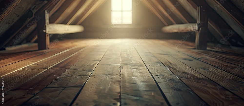 An aged attic room featuring a wooden floor and roof rafters. The room ...