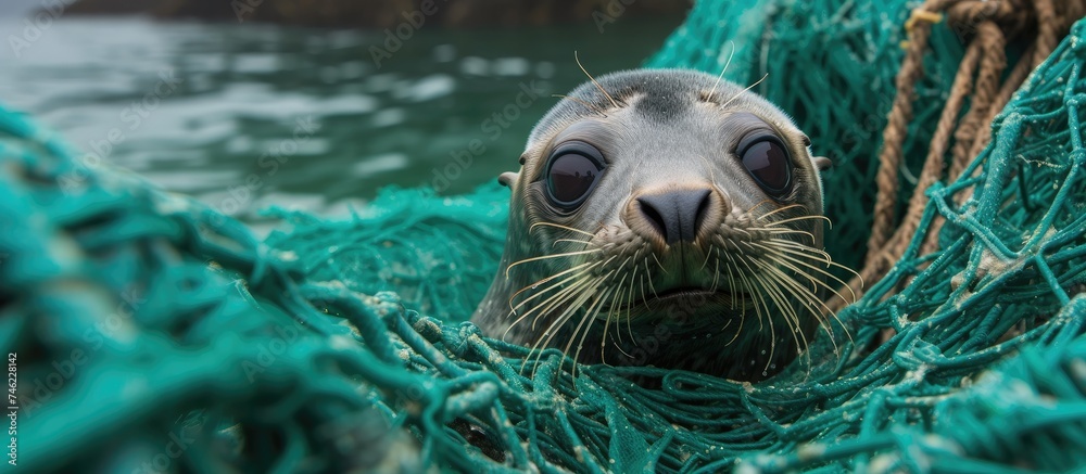 A sea lion is trapped in a fishing net, its eyes looking directly at ...